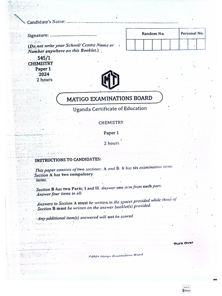 Matigo Chem 1 S.4 Mock 2024 | PDF
