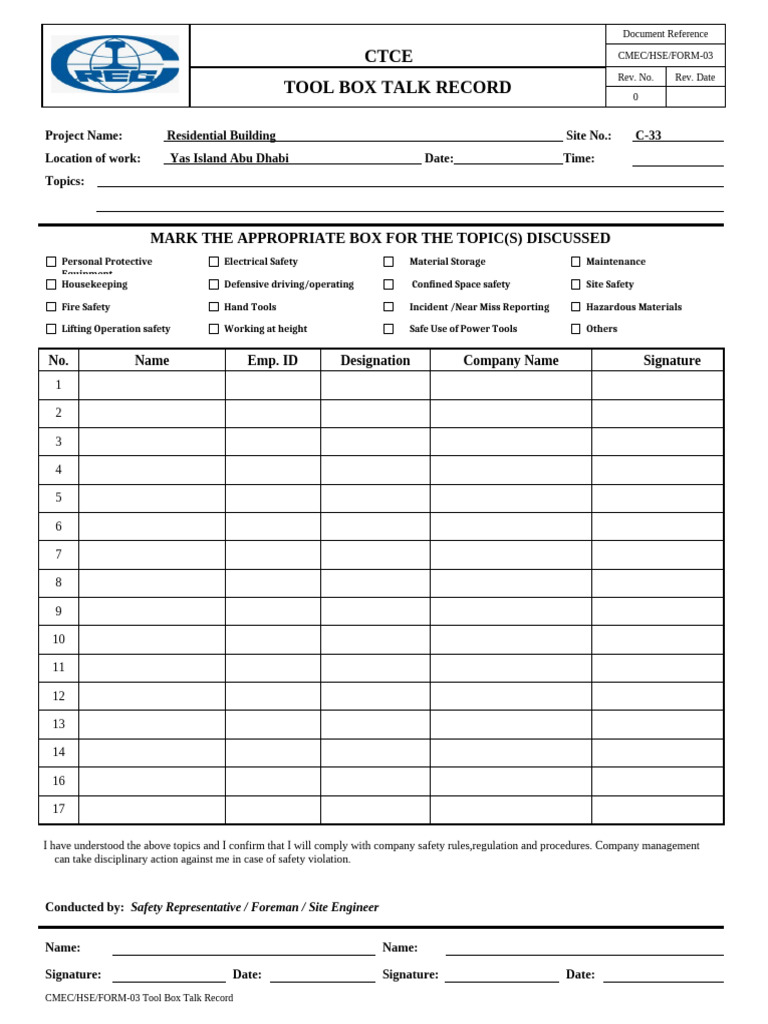 CMEC UPDTD Tool Box Talk Record | PDF