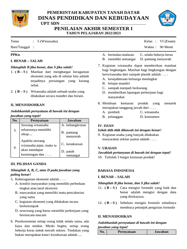 Soal PAS Tema 5 TP. 2022.2023 | PDF