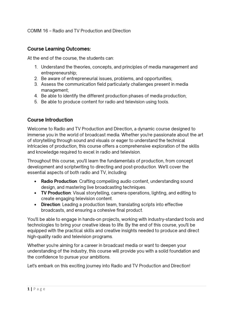 COMM 16 Radio and Television Production and Direction Intro To Radio ...