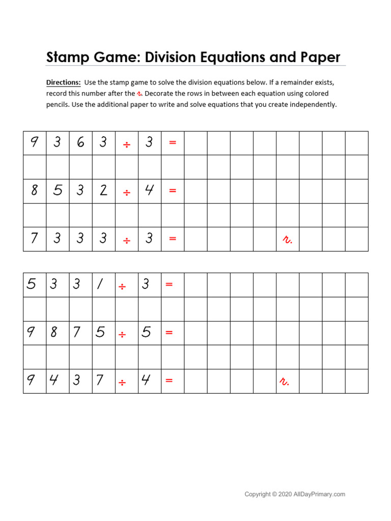 Division Stamp Game Practice and Additional Paper | PDF