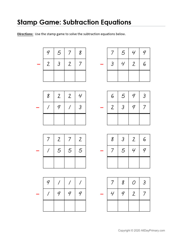 Stamp Game Subtraction Equations | PDF