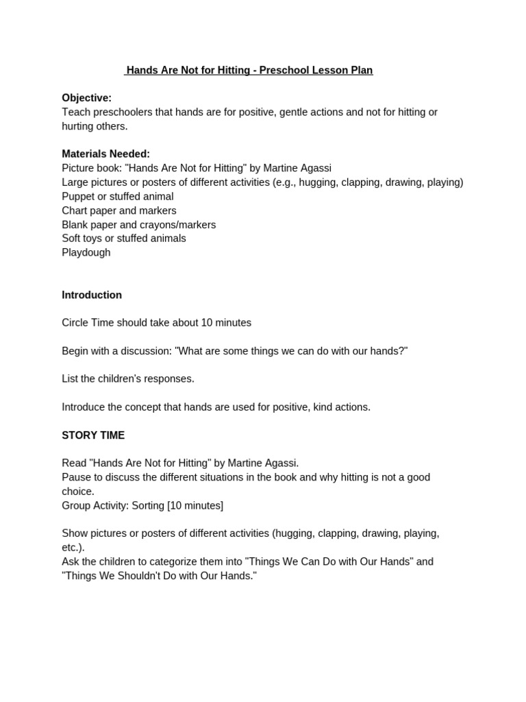 Hands Are Not For Hitting - Preschool Lesson Plan Objective | PDF