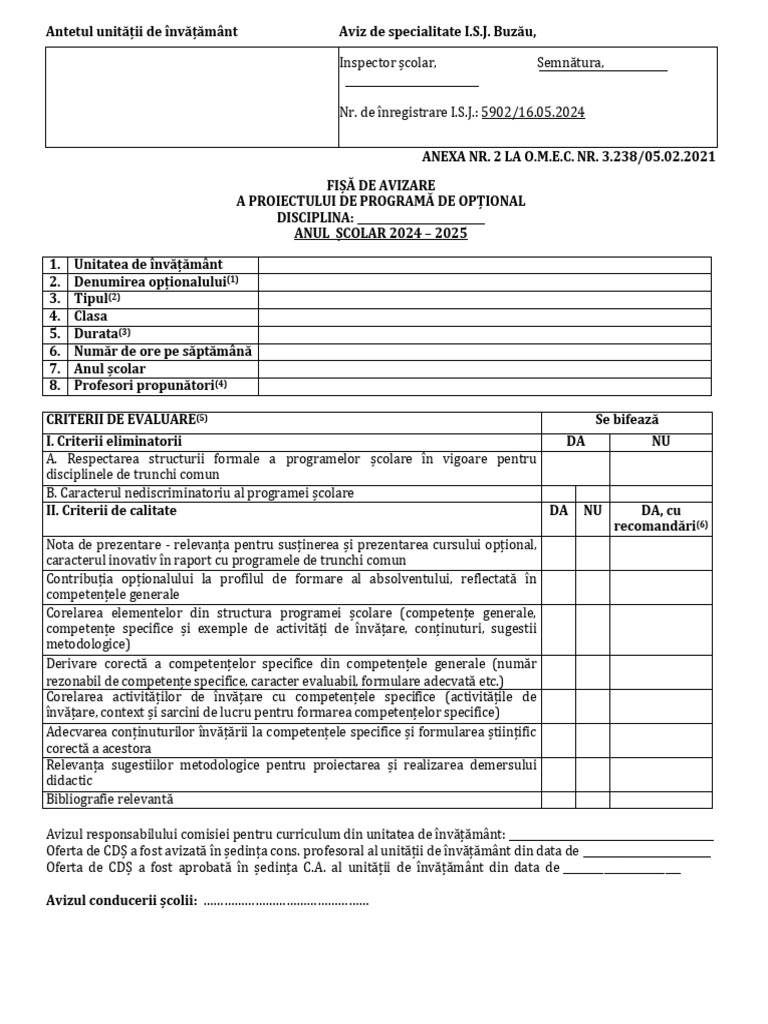 Fisa Avizare Optional 2024 2025 | PDF