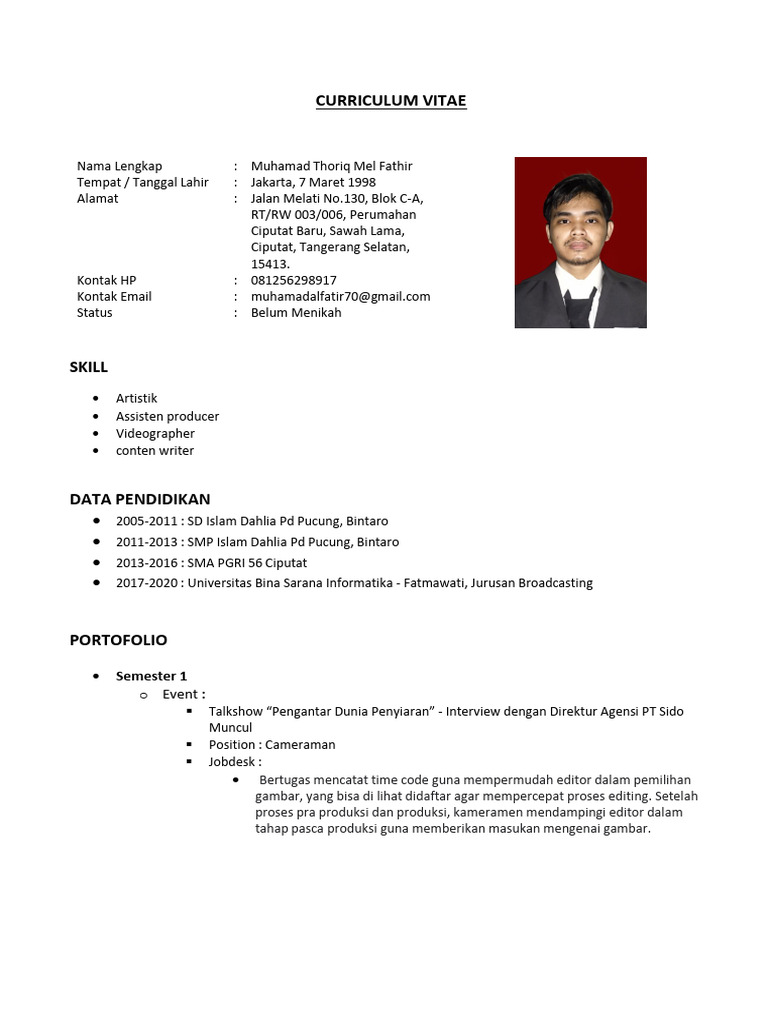 Curriculum Vitae Muhammad Thoriq Mel Fathir (Broadcasting) | PDF