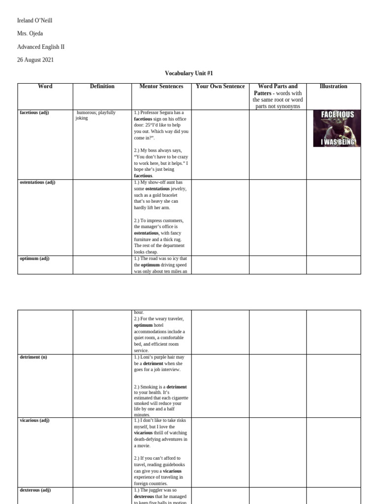 Advanced ENglish II Vocabulary Unit # 1-1 | PDF