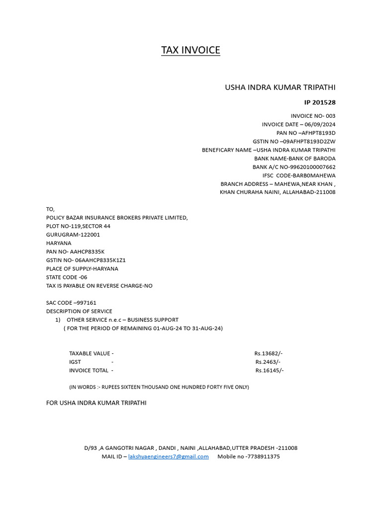 P.B Partner Invoice No .003 Usha Tripathi Final | PDF