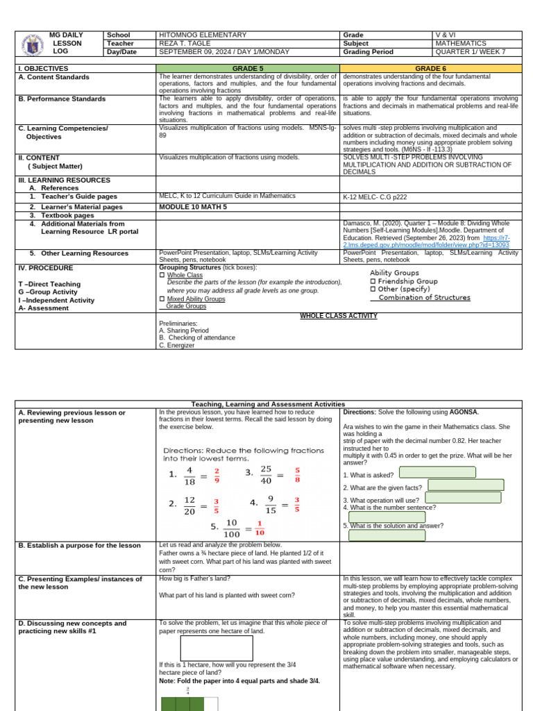 DLL Q1 W6 Day1 Mathematics | PDF