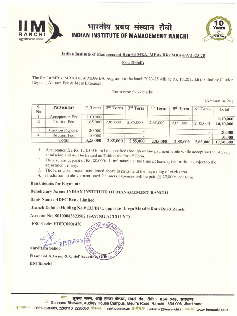 Iim Ranchi Fees | PDF