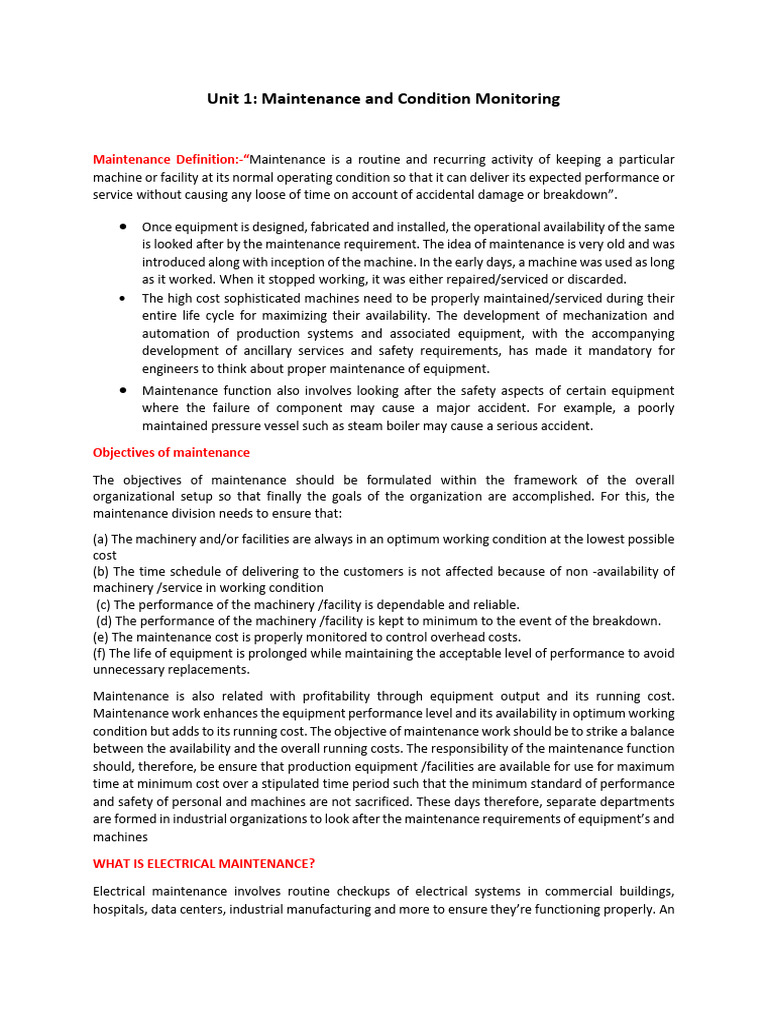 Unit 1: Maintenance and Condition Monitoring | PDF