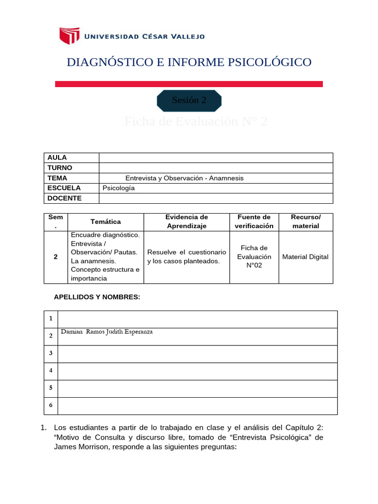 Ficha de Evaluación - Diag-Info - Sesión 2 - 2024-2 | PDF | Evaluación | Diagnostico medico