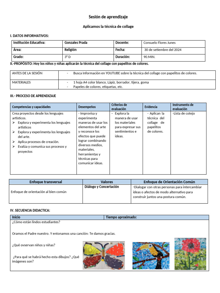 SESIÓN DE APRENDIZAJE - Aplicamos la técnica de collage | PDF SESIÓN DE APRENDIZAJE - Aplicamos la técnica de collage | PDF