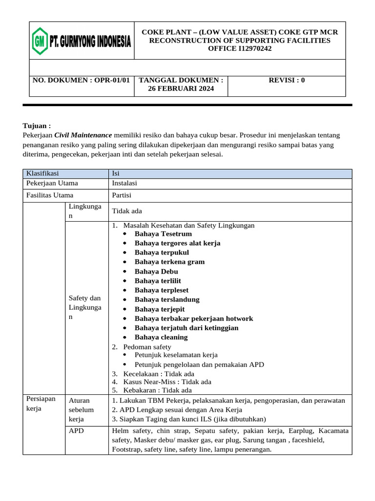 COKE PLANT – (LOW VALUE ASSET) COKE GTP MCR RECONSTRUCTION OF SUPPORTING FACILITIES OFFICE ...
