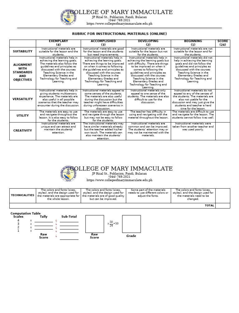 Rubric For Instructional Materials (Online) | PDF