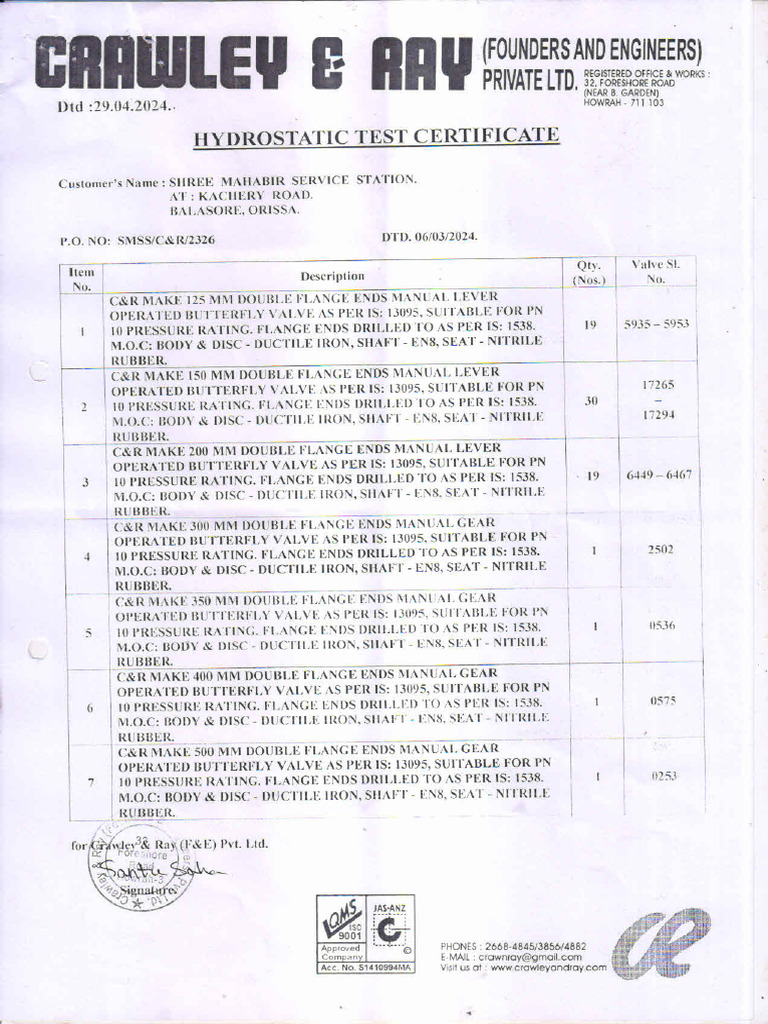 Valve Certificate | PDF