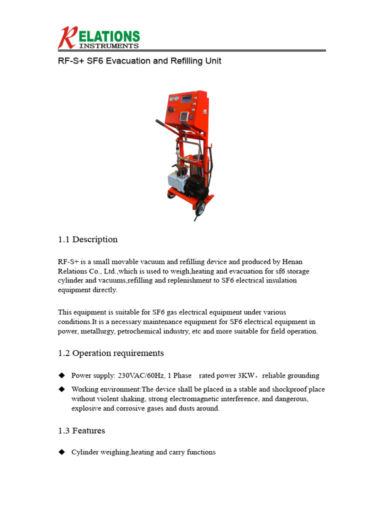 Data Sheet of RF-S+ SF6 Evacuation and Refilling Unit | PDF