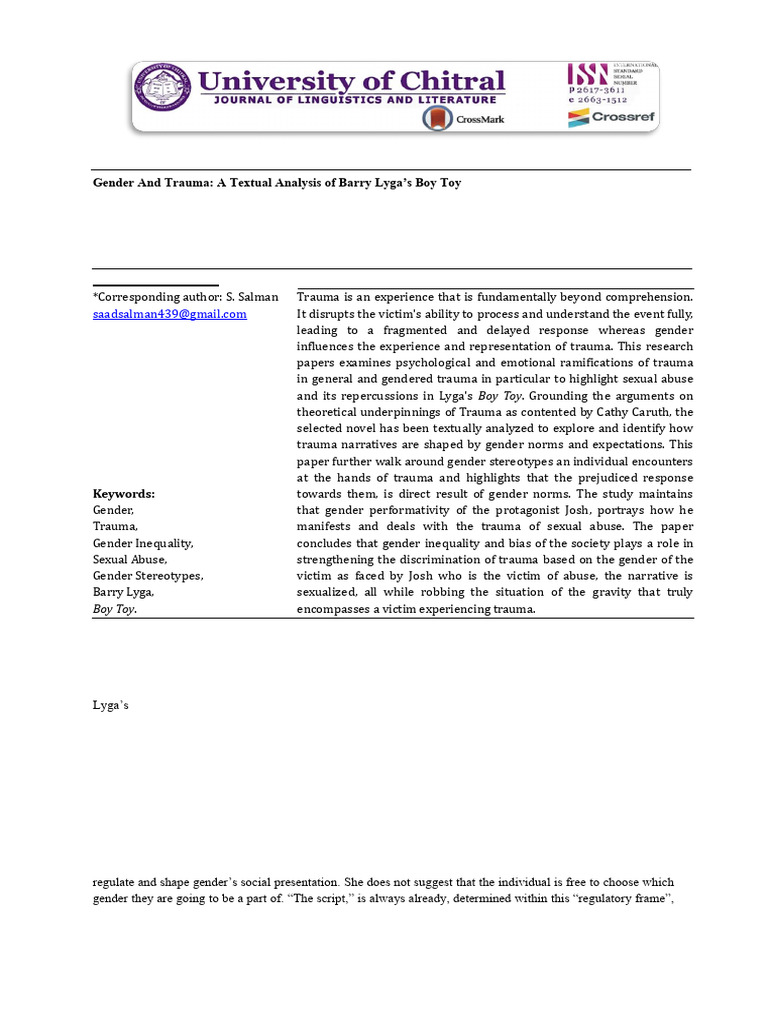 Gender and Trauma: A Textual Analysis of Barry Lyga's Boy Toy | PDF