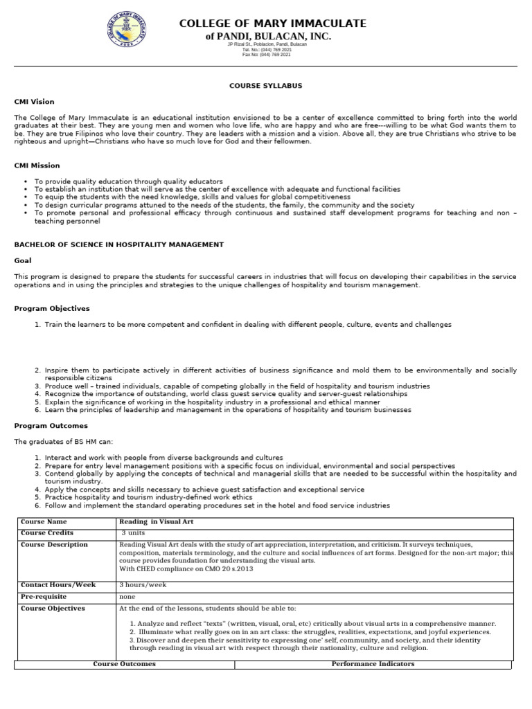 Rva Syllabus - BSHM 2 | PDF | Creativity | Career & Growth