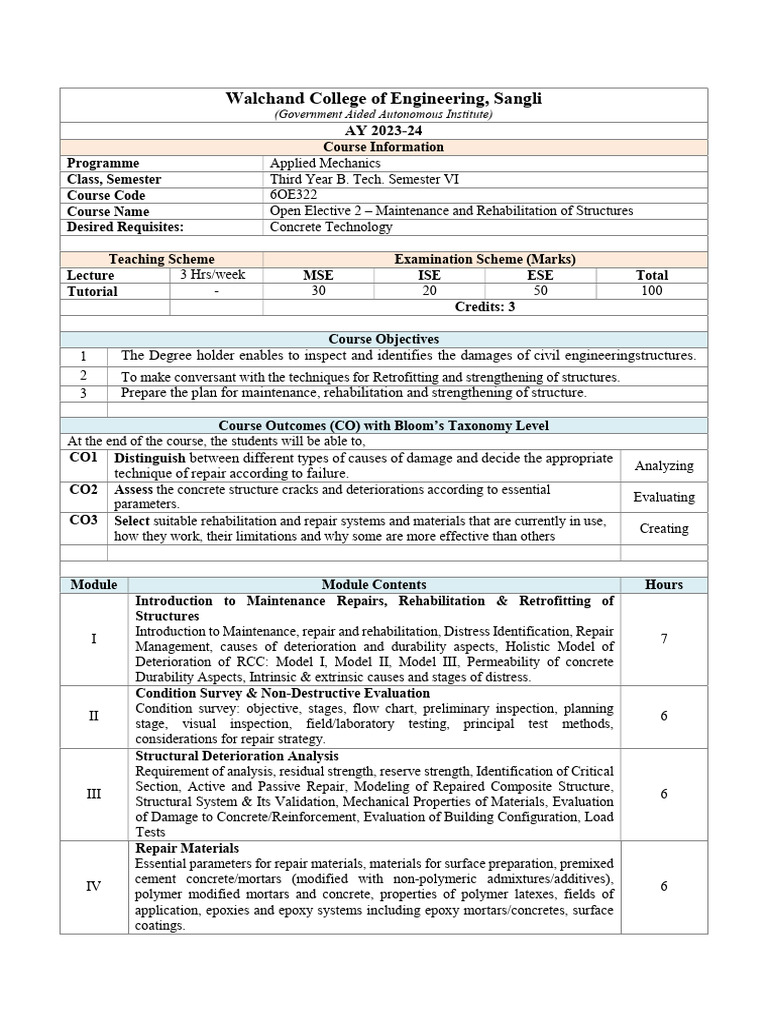 Third Year OE Maintenance Rehabilitation of Structures Syllabus | PDF