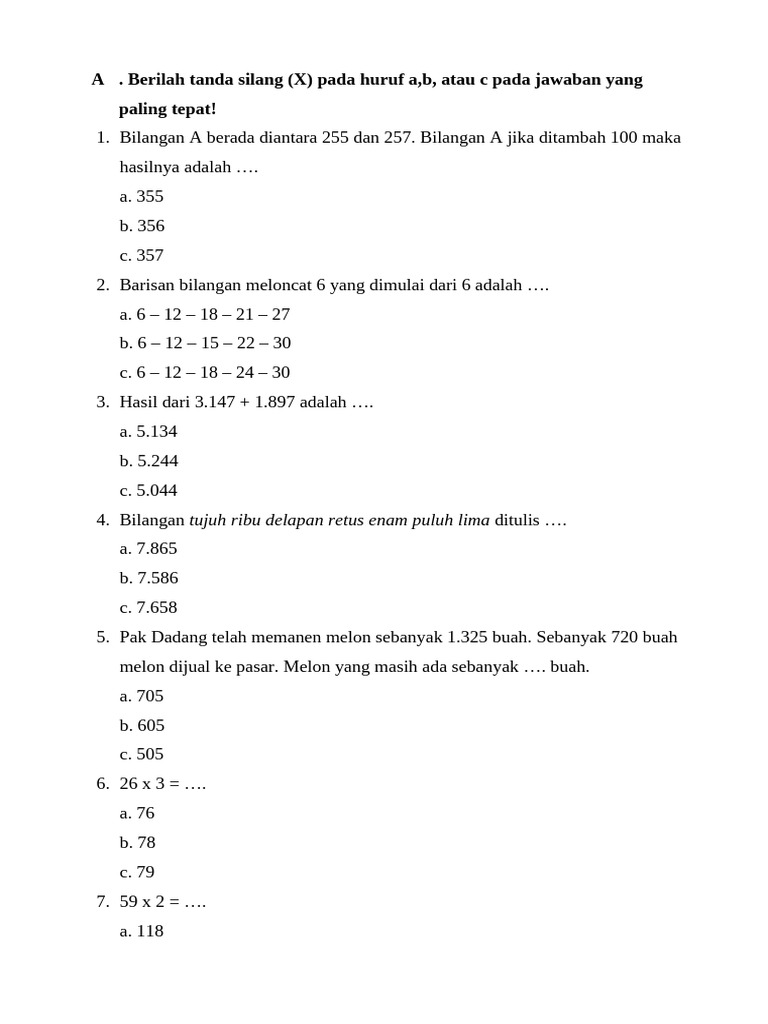 Soal Dan Kunci Jawaban Pas Matematika Kelas 3 | PDF
