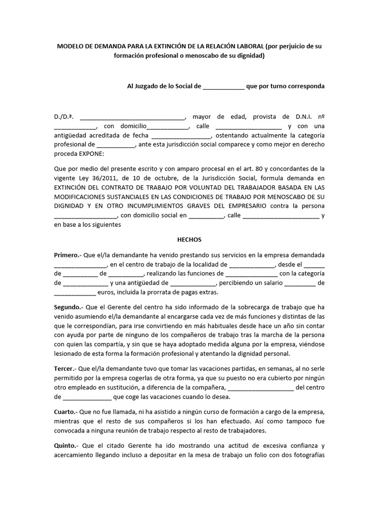 MODELO DE DEMANDA PARA LA EXTINCIÓN DE LA RELACIÓN LABORAL Menoscabo ...