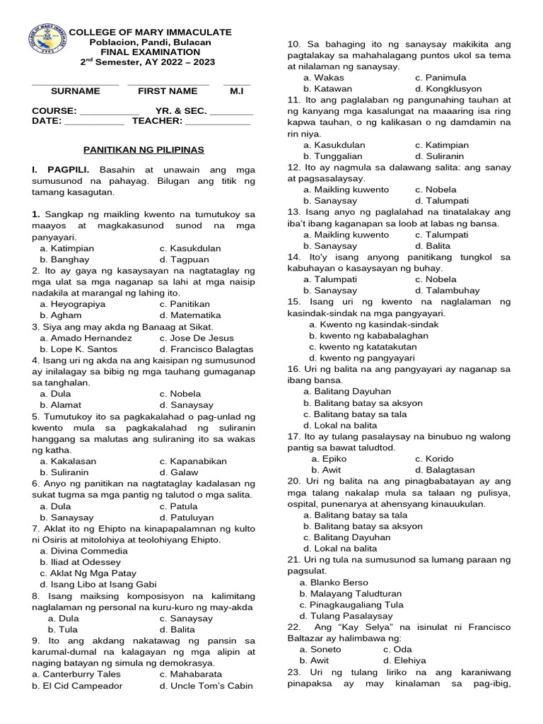 Panitikan Final Exam | PDF | Philippines
