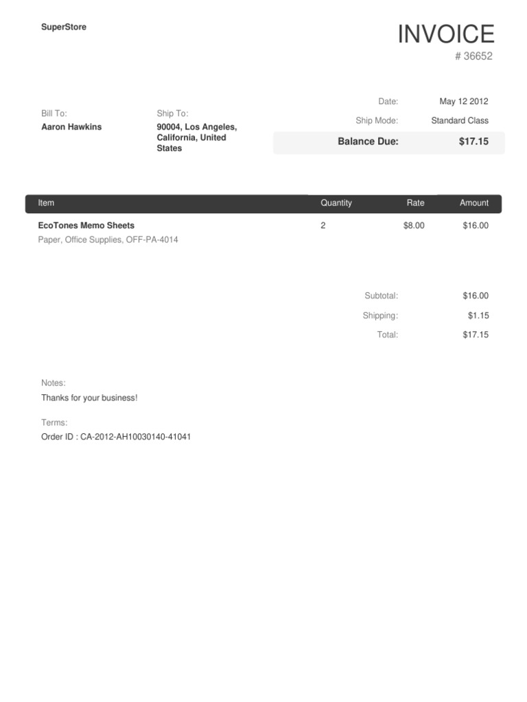 Invoice Aaron Hawkins 36652 | PDF