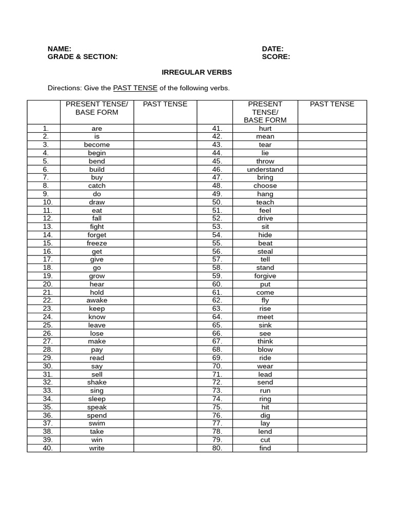 Irregular Verbs Activity | PDF | Linguistics | Linguistic Morphology