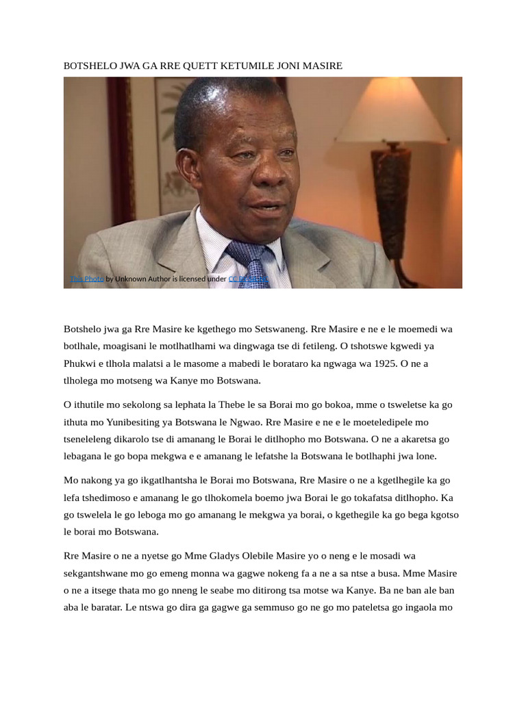 Botshelo Jwa Ga Rre Quett Ketumile Joni Masire | PDF