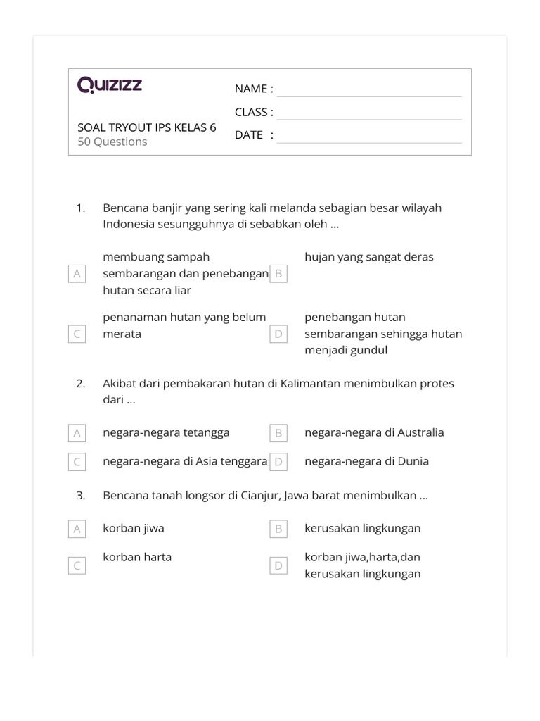 Soal Tryout Ips Kelas 6 | PDF