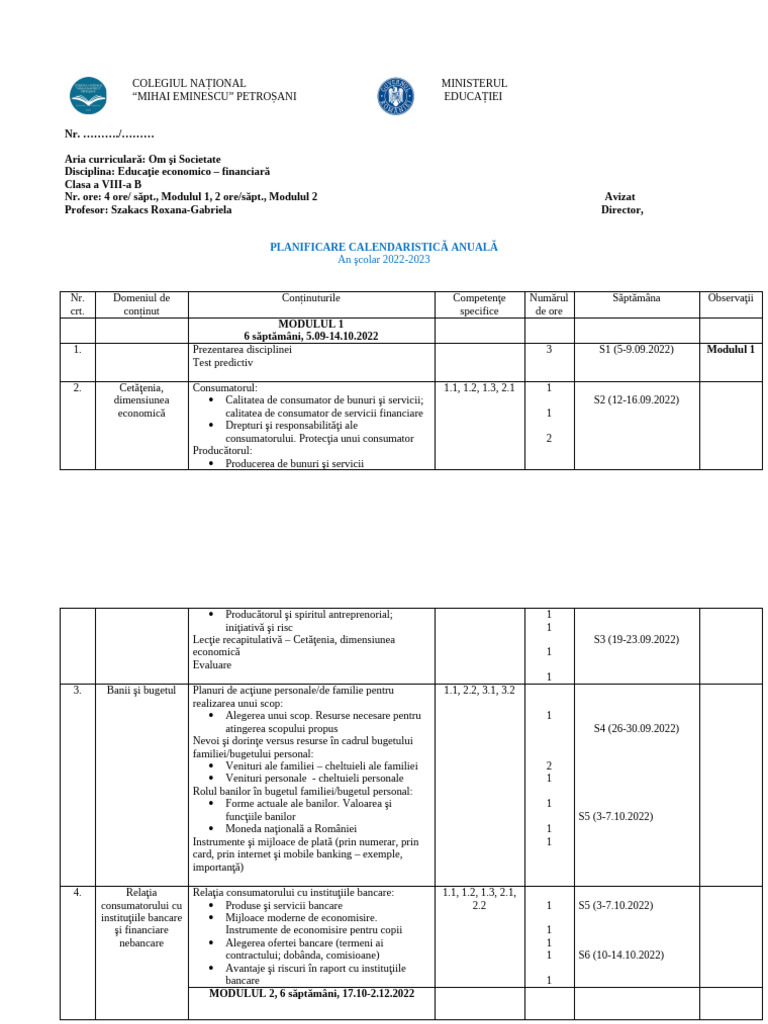 Planificare Educatie Financiara 8 20222023 | PDF