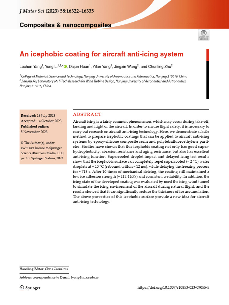 An Icephobic Coating For Aircraft Anti Icing System | PDF