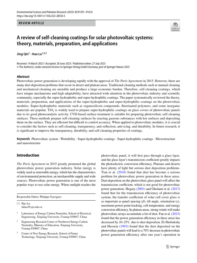 A Review of Self Cleaning Coatings For Solar Photovoltaic Systems ...
