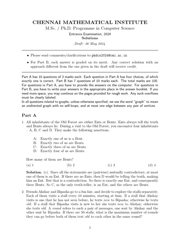 CMI 2024 MSC PHD Computer Science Draft Solutions | PDF