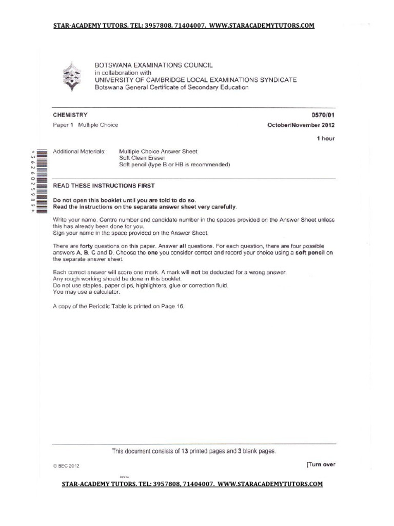 BGCSE Chemistry Paper 1, 2012 | PDF