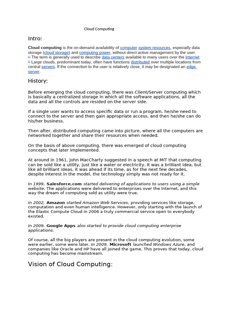 Cloud Computing-HistoricalDevelop,Vision,Characterstics,Reference Model, | PDF