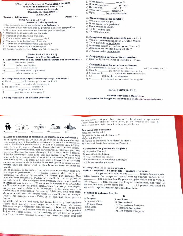 French_QP of CT 2 of 2nd Semester | PDF