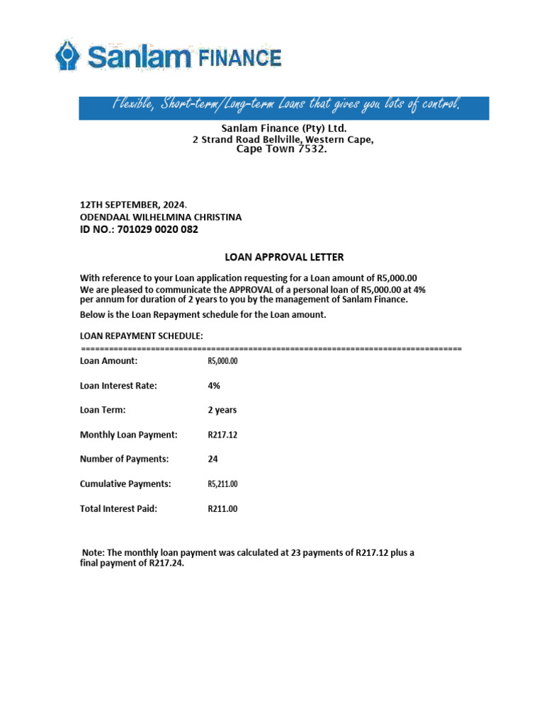 Sanlam Approval Letter Odendaal Wilhelmina Christina | PDF