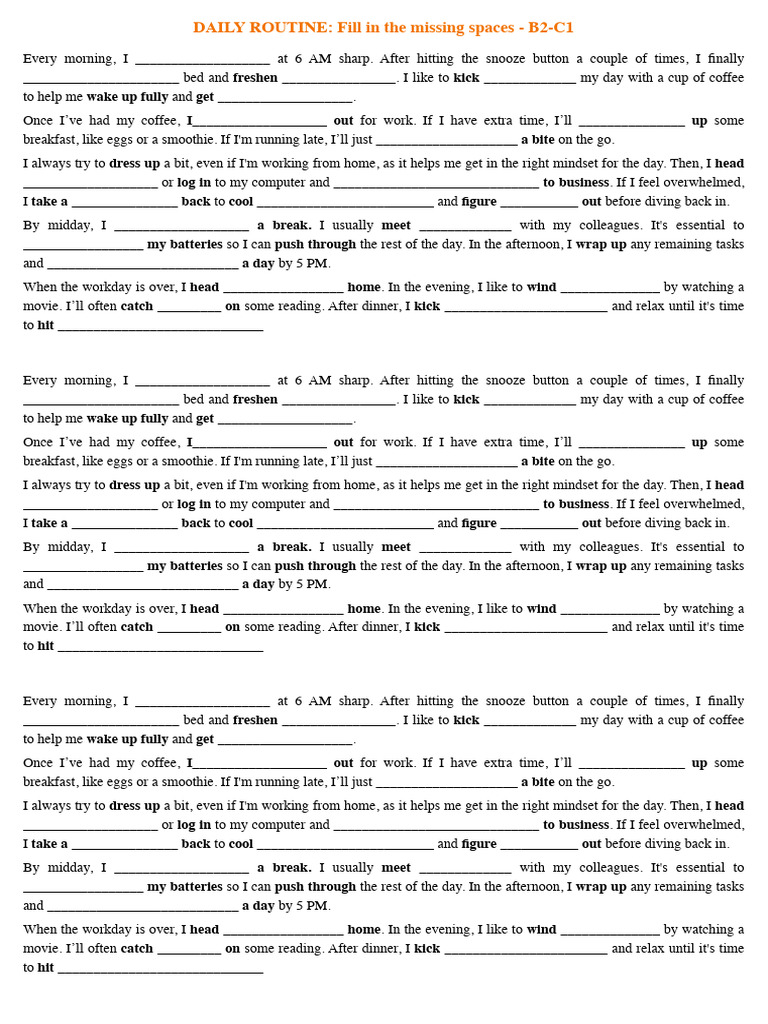 Daily Routine - Missing Spaces - Phrasals | PDF