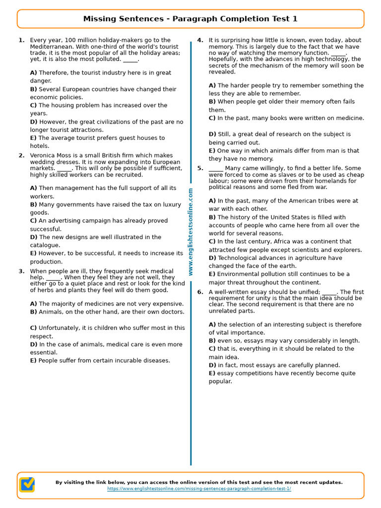 1887 Missing Sentences Paragraph Completion Test 1 | PDF