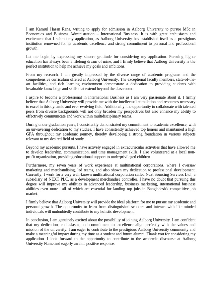 Motivation Letter - MSC in International Business | PDF