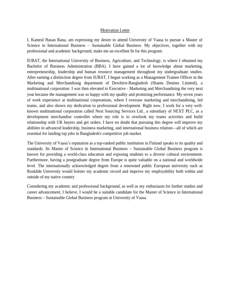 Motivation Letter International Business University of Vaasa | PDF