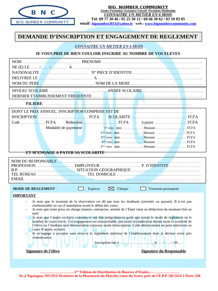 DEMANDE D'INSCRIPTION ET ENGAGEMENT DE REGLEMENT BNC FORMATION | PDF