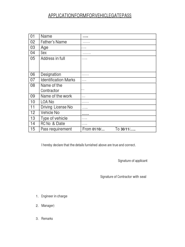 Vehicle Gate Pass Form Pdf