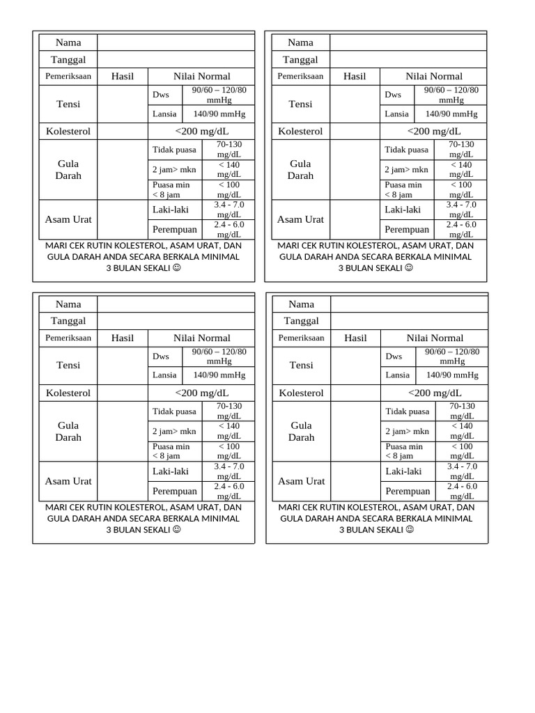 Form Cek Angka Normal Darah | PDF