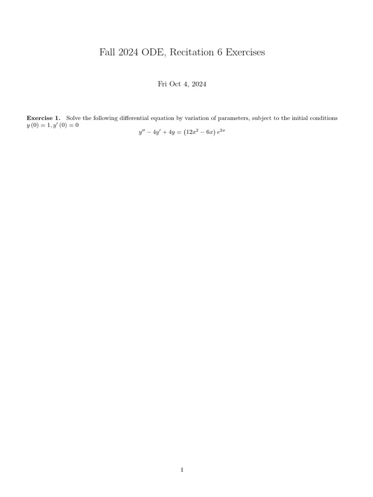 Fall 2024 ODE Recitation 06 Exercises - Copy | PDF