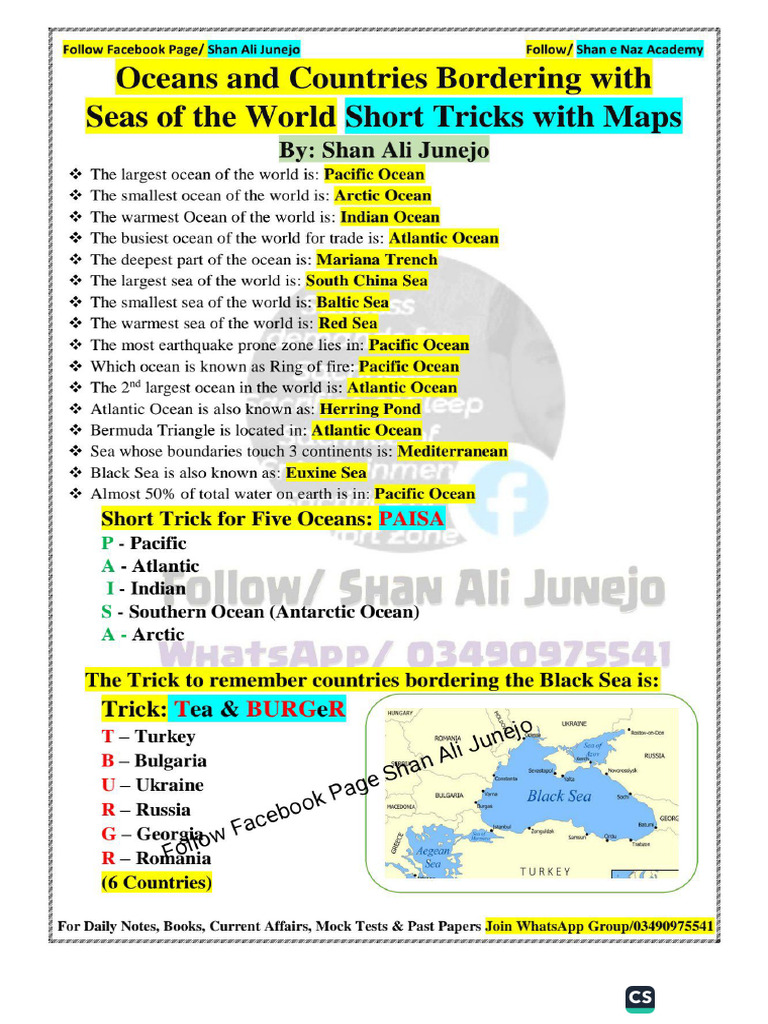 Oceans & Countries Bordering With Seas With Short Tricks and Maps by ...