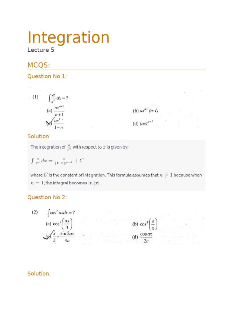 Integration MCQ Question | PDF