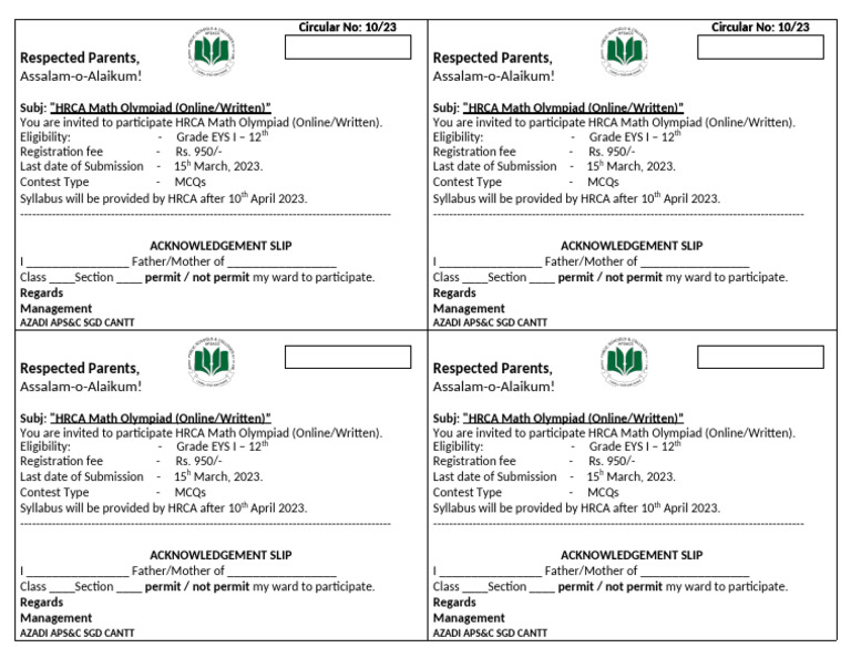 Cir#10-23 HRCA Math Olympiad | PDF