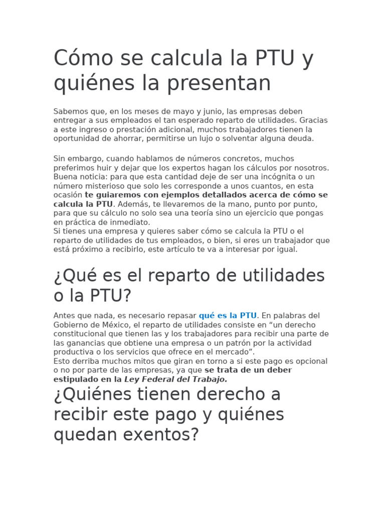 Cómo Se Calcula La PTU y Quiénes La Presentan | PDF